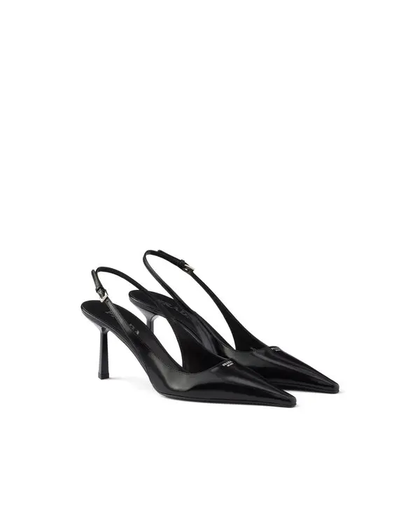 Prada Brushed Leather Slingback Pumps With Metal Buckle - Black