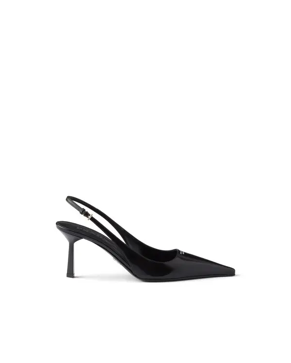 Prada Brushed Leather Slingback Pumps With Metal Buckle - Black