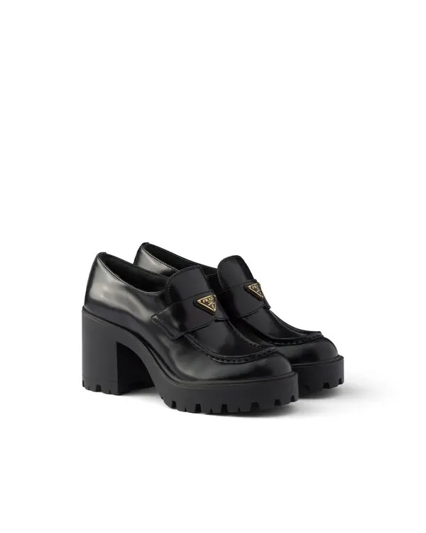 Prada Brushed Leather Loafers With Block Heel
