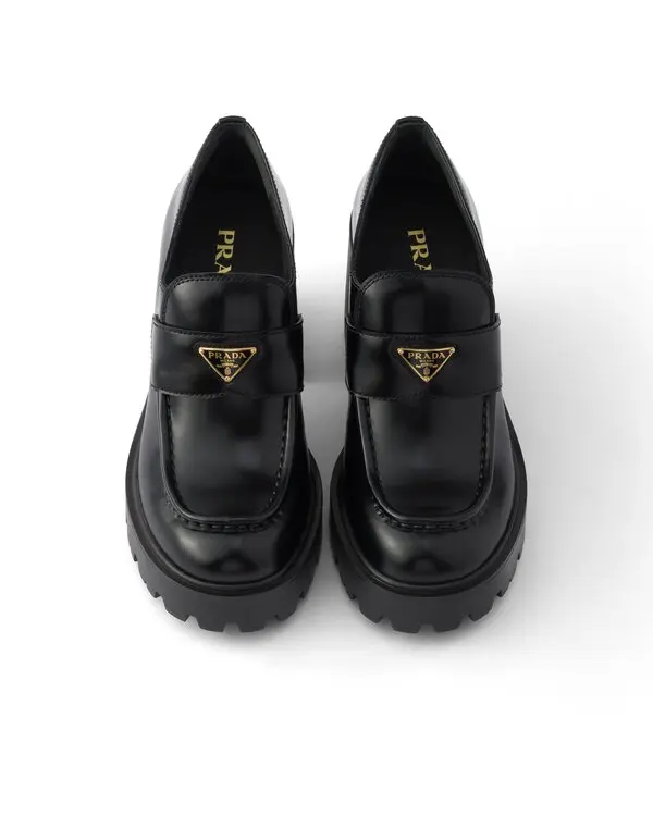 Prada Brushed Leather Loafers With Block Heel