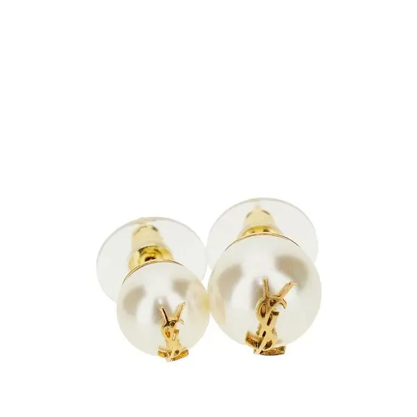 Saint Laurent Asymmetrical Pearl Earrings With Logo - Gold