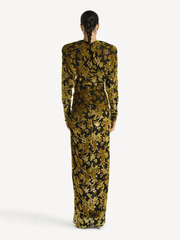 Balmain Long Velvet Jacquard Floral Dress