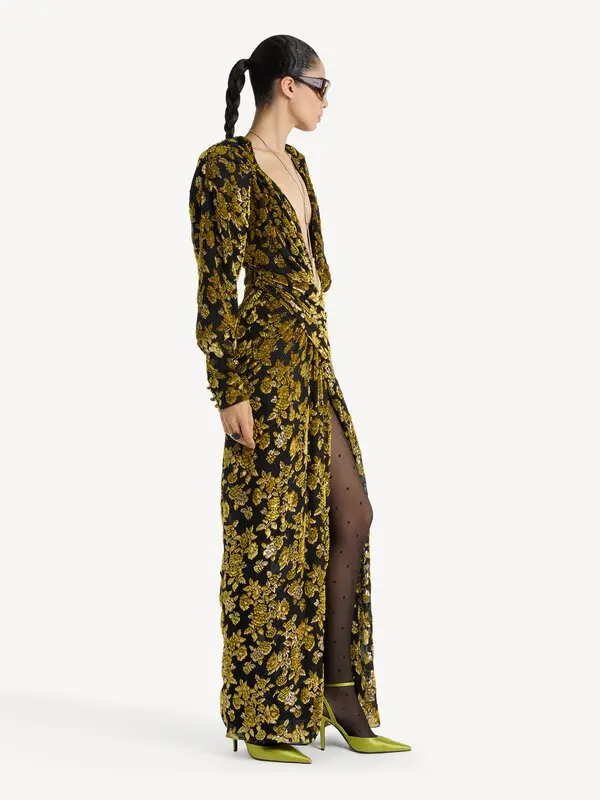 Balmain Long Velvet Jacquard Floral Dress