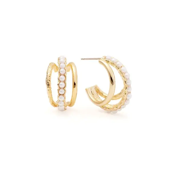 SHABELLA NYC Triple Pearl Hoop Earrings - Gold