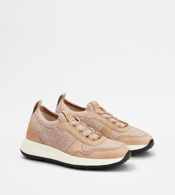 TOD'S Knit And Suede Sock Sneakers With Red Dot Detailing - Pink