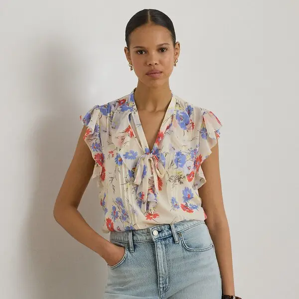 Ralph Lauren Floral Pintucked Tie-neck Blouse - Cream Multi