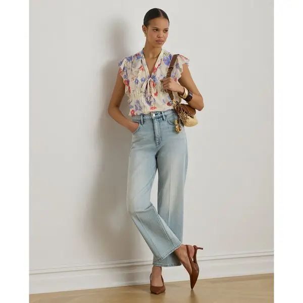 Ralph Lauren Floral Pintucked Tie-neck Blouse - Cream Multi