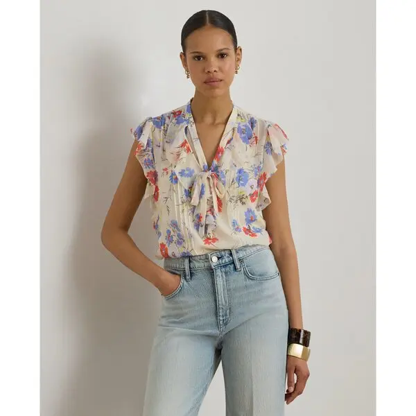 Ralph Lauren Floral Pintucked Tie-neck Blouse - Cream Multi