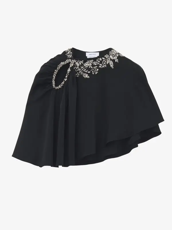 Alexander McQueen Asymmetric Cape With Floral Embroidery - Black