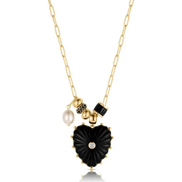 THATCH Soirée Necklace With Heart Charm And Faux Pearl - Onyx