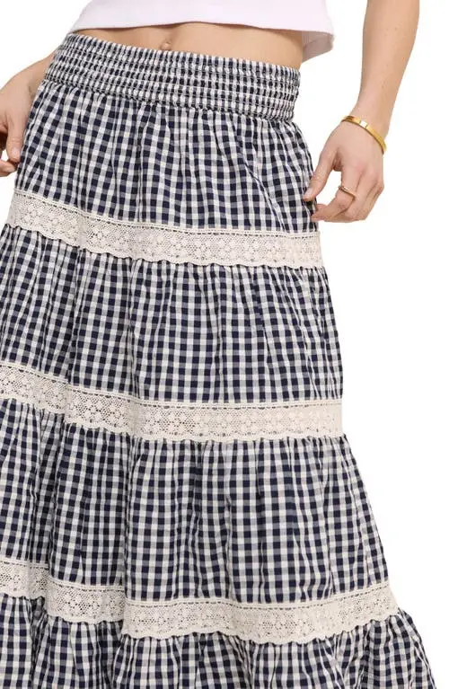 NOBODY'S CHILD Tiered Lace Trim Gingham Cotton Maxi Skirt