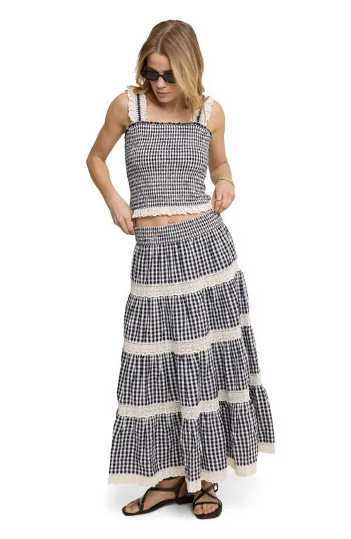 NOBODY'S CHILD Tiered Lace Trim Gingham Cotton Maxi Skirt
