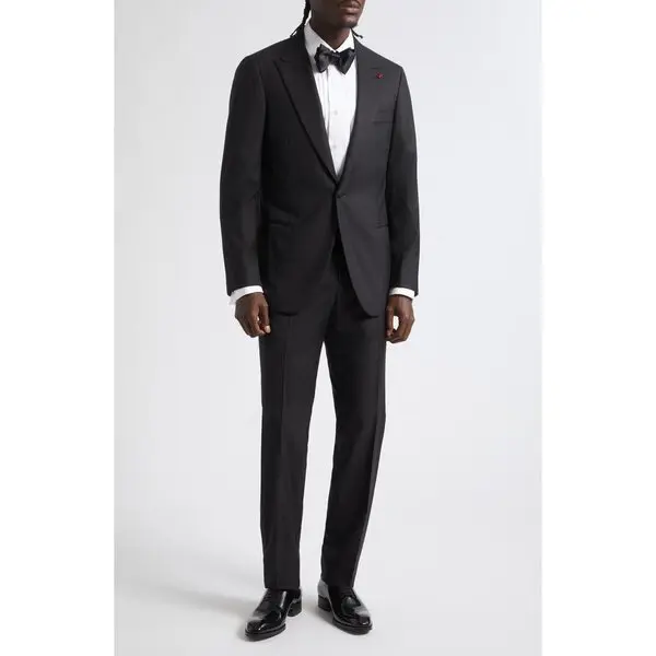 Isaia Sanita Super 160s Wool Peak Lapel Tuxedo - Black