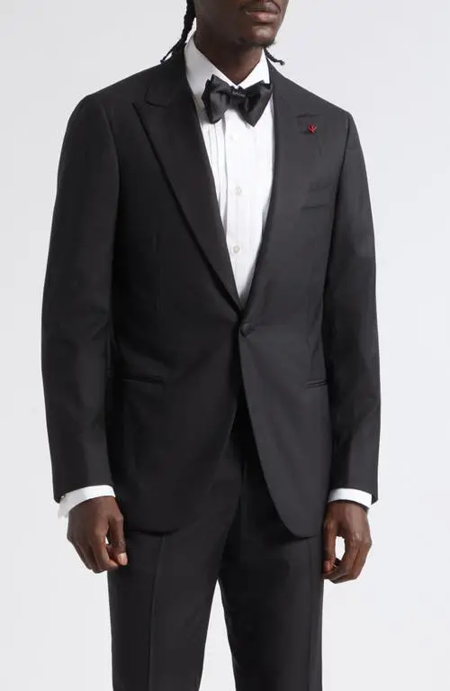 Isaia Sanita Super 160s Wool Peak Lapel Tuxedo - Black