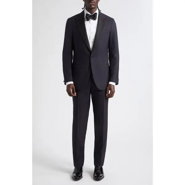 Isaia Sanita Super 160s Wool Peak Lapel Tuxedo - Navy