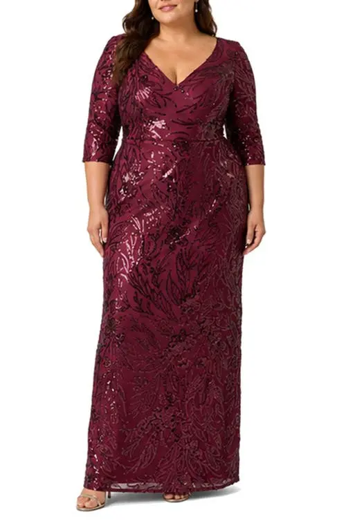 Adrianna Papell Sequin V-neck Gown - Deep Wine