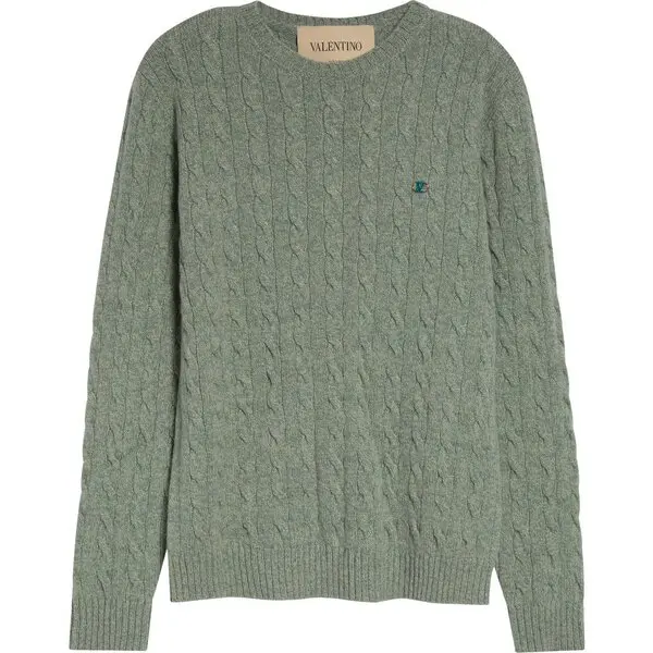 Valentino Garavani Maglia Vlogo Signature Cabled Virgin Wool Crewneck Sweater - Stone
