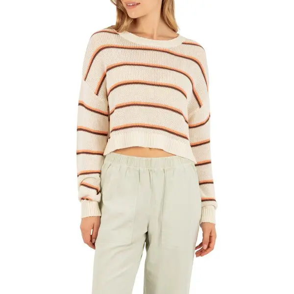 Hurley Delta Striped Cropped Open Knit Sweater - Cream