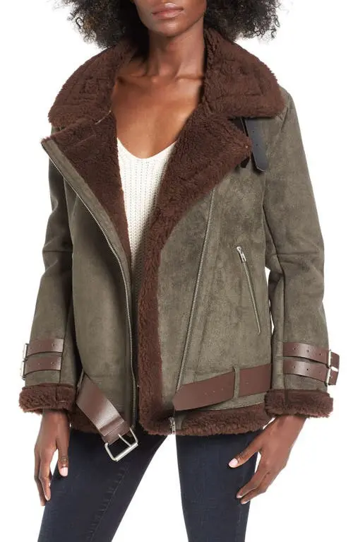 J.O.A. Faux Shearling Jacket - Olive/brown