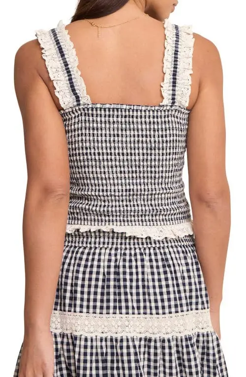 NOBODY'S CHILD Gingham Smocked Eyelet Lace Trim Top