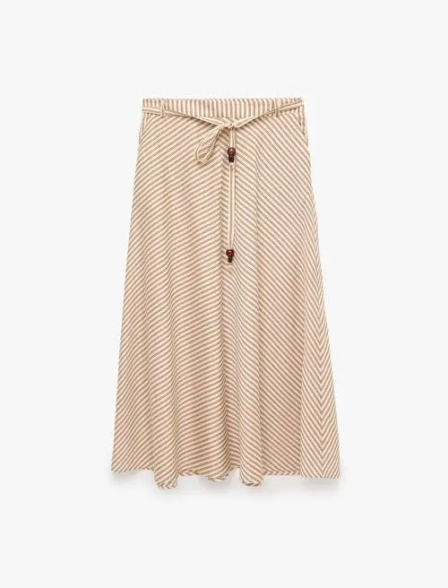 Koton Midi Striped Skirt With Belted Waist