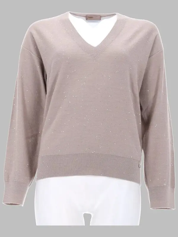 Herno V-neck Wool-blend Sweater With Sparkle Detail - Beige