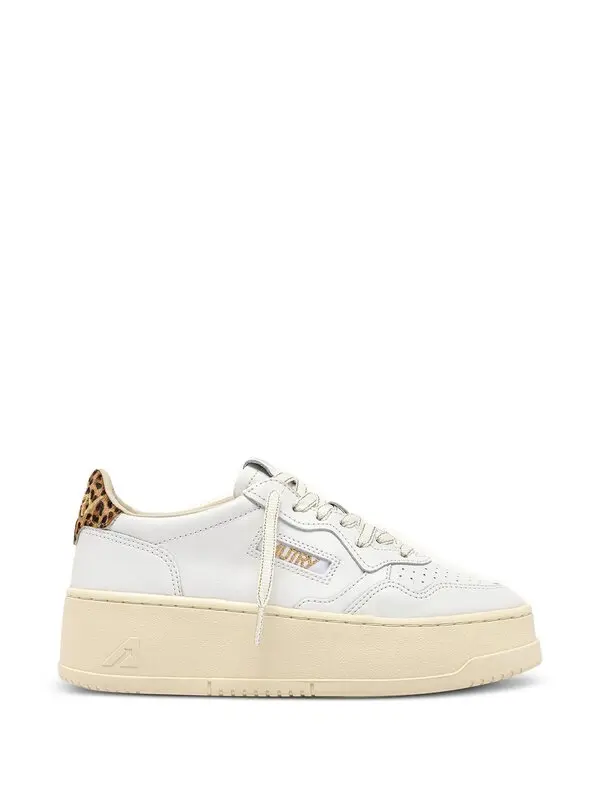 AUTRY Leather Lace-up Sneakers With Leopard-print Heel Tab, Micro-perforated Toe Cap & Platform Sole - Bianco