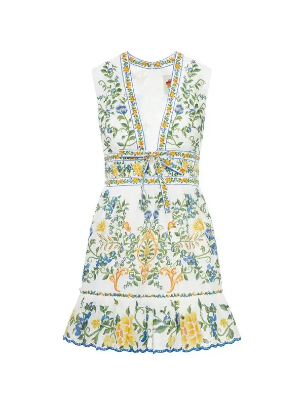 Farm Rio Floral Print V-neck Mini Dress With Elastic Waist - Bianco
