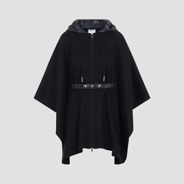 Moncler Wool-blend Cape With Hood And Belted Detail - Blue