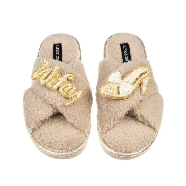LAINES LONDON Brown / Neutrals / Gold Neutral Boucle Slippers With Wifey & Wedding Heel Brooches Oatmeal - Brown/gold