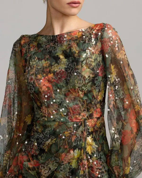 Mac Duggal Black Multicolor Floral Sequined Puff Sleeve Gown