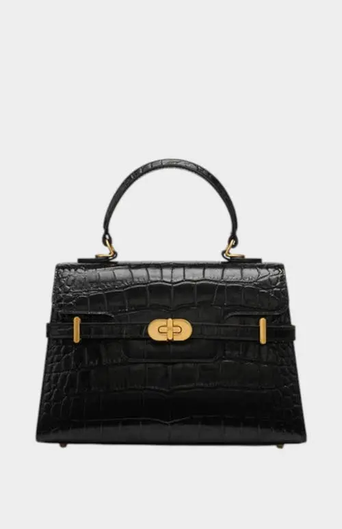 MI BOLSA LONDON Kensington Croc Embossed Leather Top Handle Bag - Black
