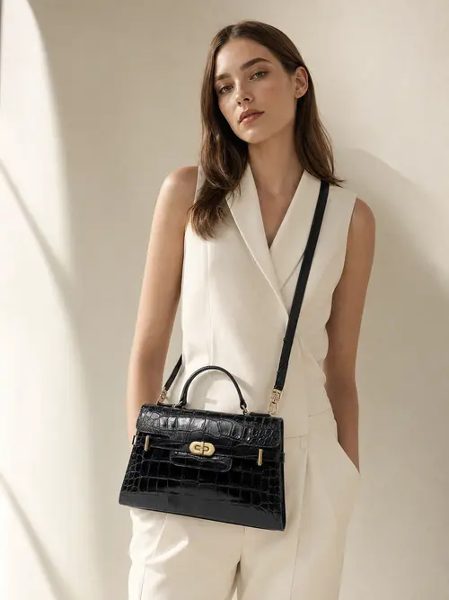 MI BOLSA LONDON Kensington Croc Embossed Leather Top Handle Bag