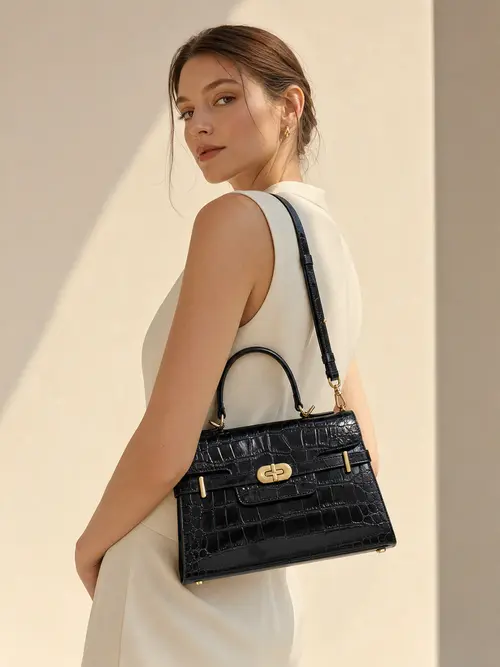 MI BOLSA LONDON Kensington Croc Embossed Leather Top Handle Bag