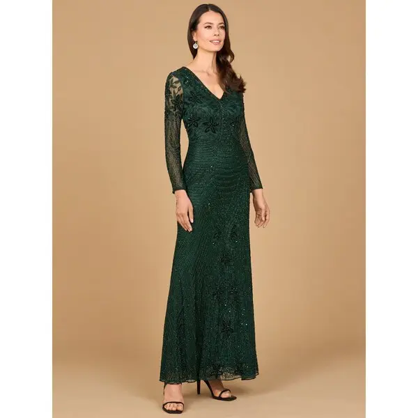 LARA NEW YORK Long Sleeve Beaded Maxi Gown - Dark Green