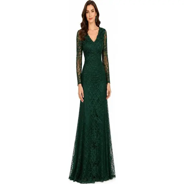 LARA NEW YORK Long Sleeve Beaded Maxi Gown - Dark Green