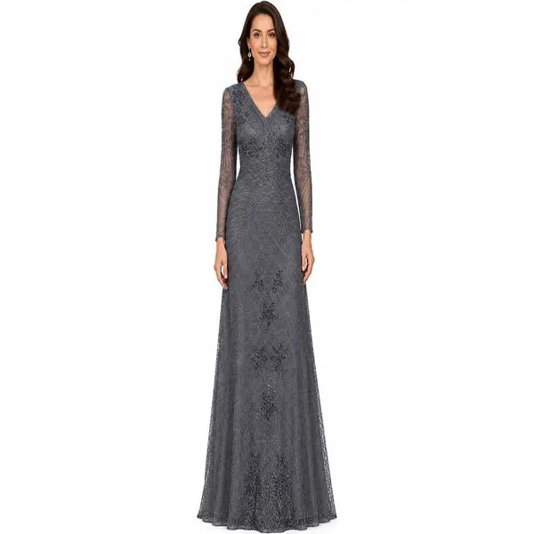 LARA NEW YORK Long Sleeve Beaded Maxi Gown - Grey