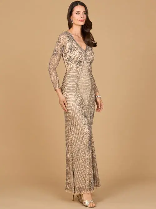 LARA NEW YORK Long Sleeve Beaded Maxi Gown - Nude