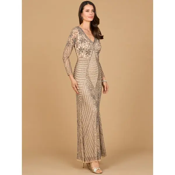 LARA NEW YORK Long Sleeve Beaded Maxi Gown - Nude