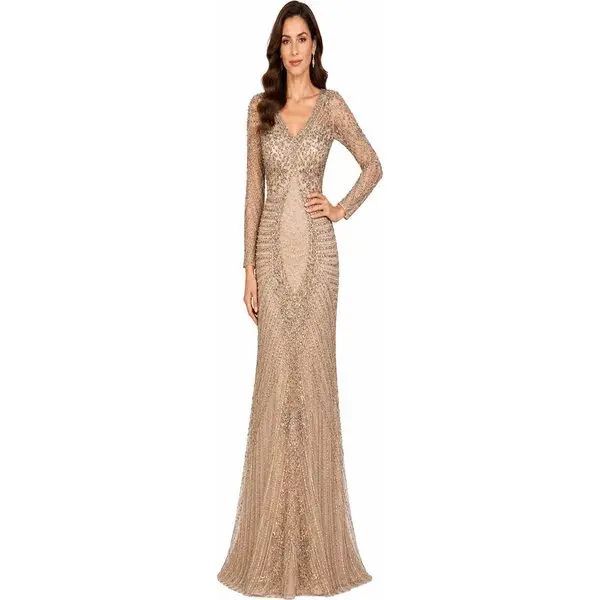 LARA NEW YORK Long Sleeve Beaded Maxi Gown - Nude