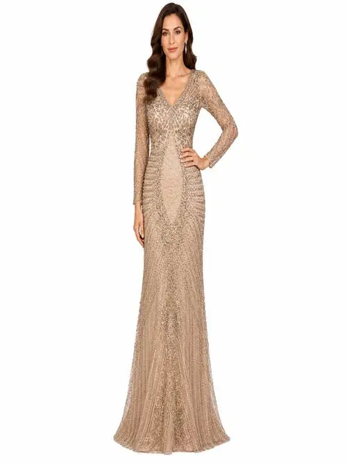 LARA NEW YORK Long Sleeve Beaded Maxi Gown - Nude