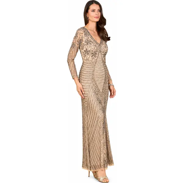 LARA NEW YORK Long Sleeve Beaded Maxi Gown - Nude