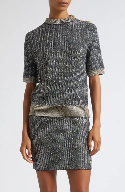 Balmain Sequin Crewneck Short Sleeve Sweater - Sqh Navy/multi