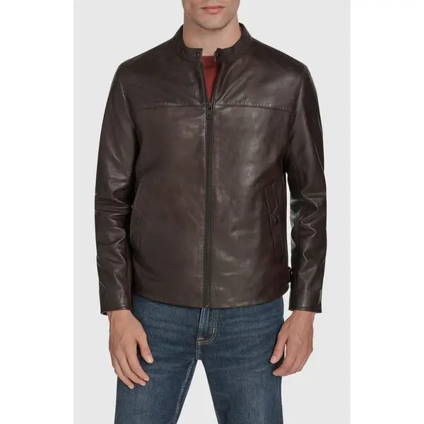 Andrew Marc Leather Racer Jacket - Dark Brown