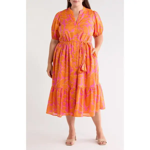 SUGARLIPS Floral Print Puff Sleeve Midi Dress - Orange Fuchsia