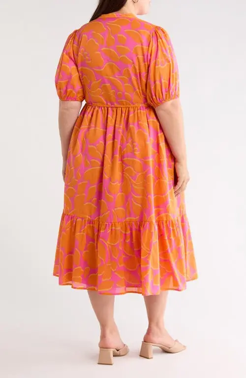 SUGARLIPS Floral Print Puff Sleeve Midi Dress