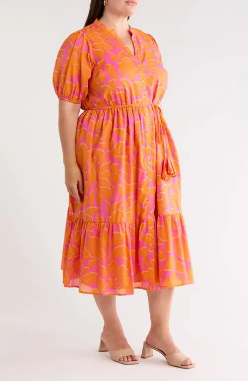 SUGARLIPS Floral Print Puff Sleeve Midi Dress