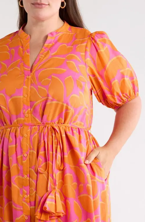 SUGARLIPS Floral Print Puff Sleeve Midi Dress