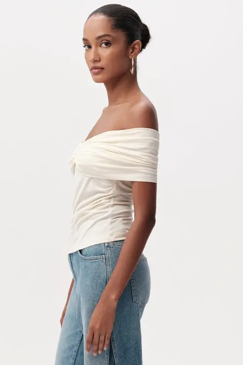 EXQUISE Artus Off Shoulder Knit Blouse With Metal Buckle - Cream