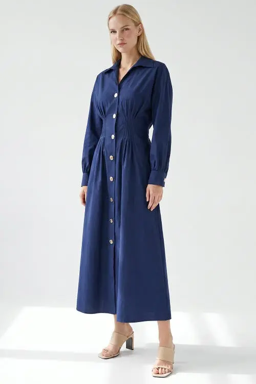 EXQUISE Delray Long Sleeve Buttoned Midi Dress - Navy
